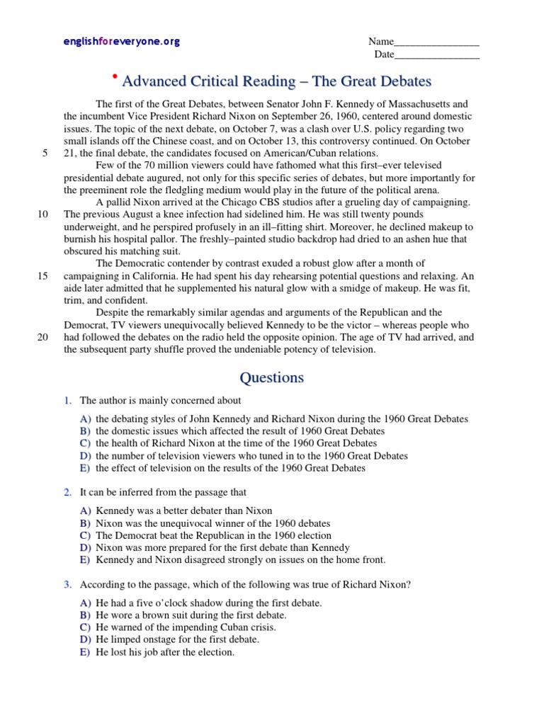 Advanced Critical Reading - The Great Debates | Richard Nixon | John F ...