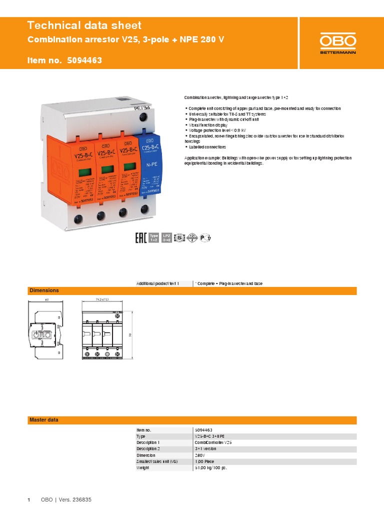Technical Data Sheet: Combination Arrestor V25, 3-Pole + NPE 280 V Item No. 5094463 | PDF ...