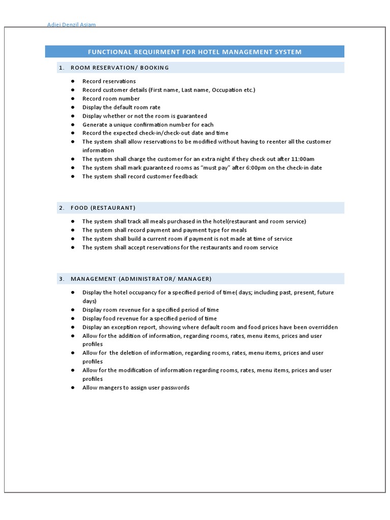 Hotel Management System Functional Requirement | PDF