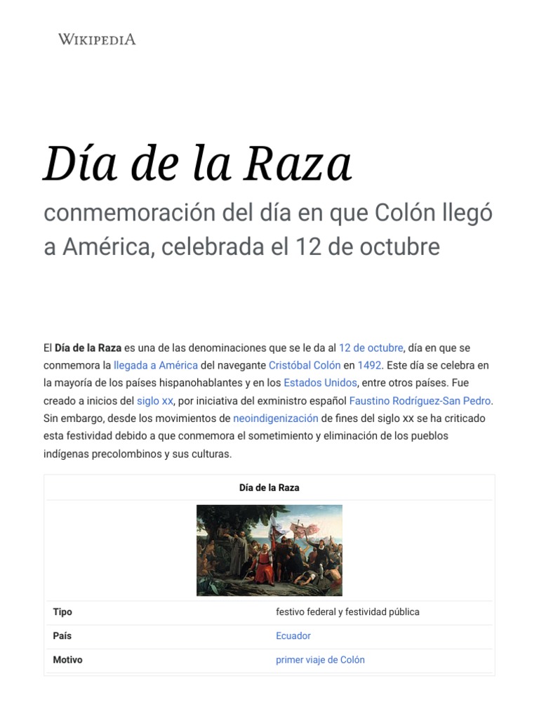 Día de La Raza - Wikipedia, La Enciclopedia Libre | PDF | America ...