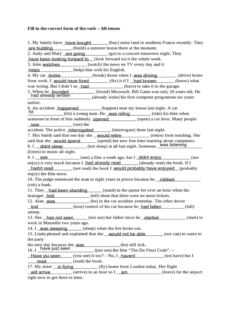 Fill in The Correct Form of The Verb - All Tenses | PDF