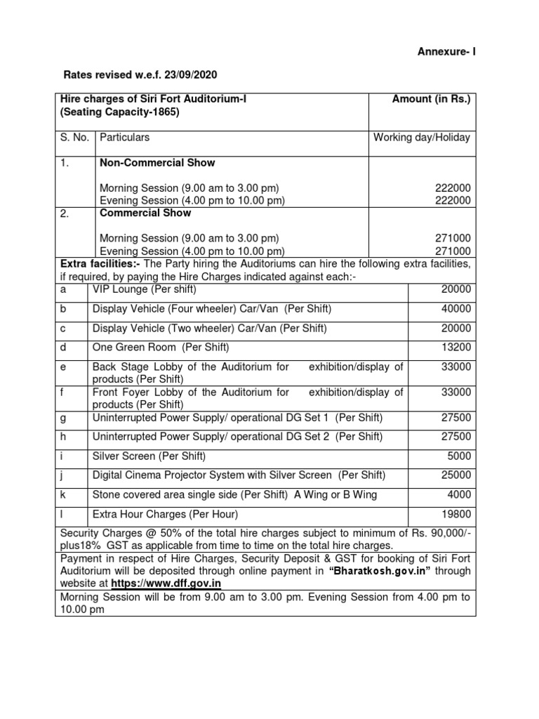SIRI FORT Hire Charges | PDF | Movie Theater | Value Added Tax