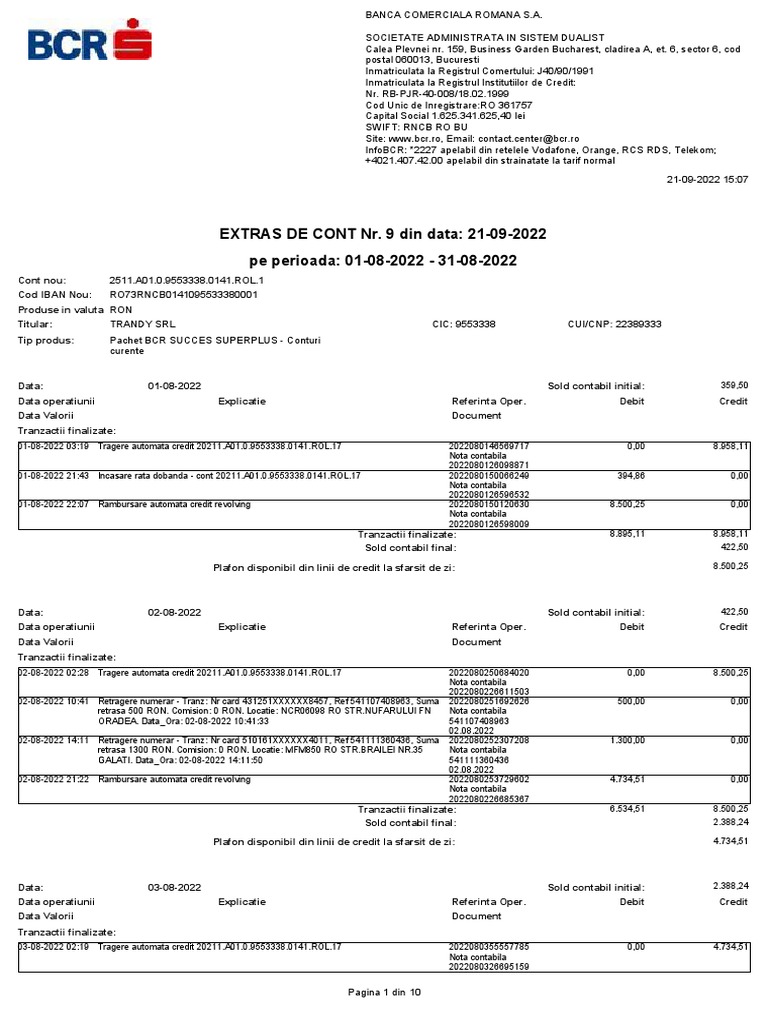 Pe Perioada: 01-08-2022 - 31-08-2022 EXTRAS DE CONT Nr. 9 Din Data: 21 ...