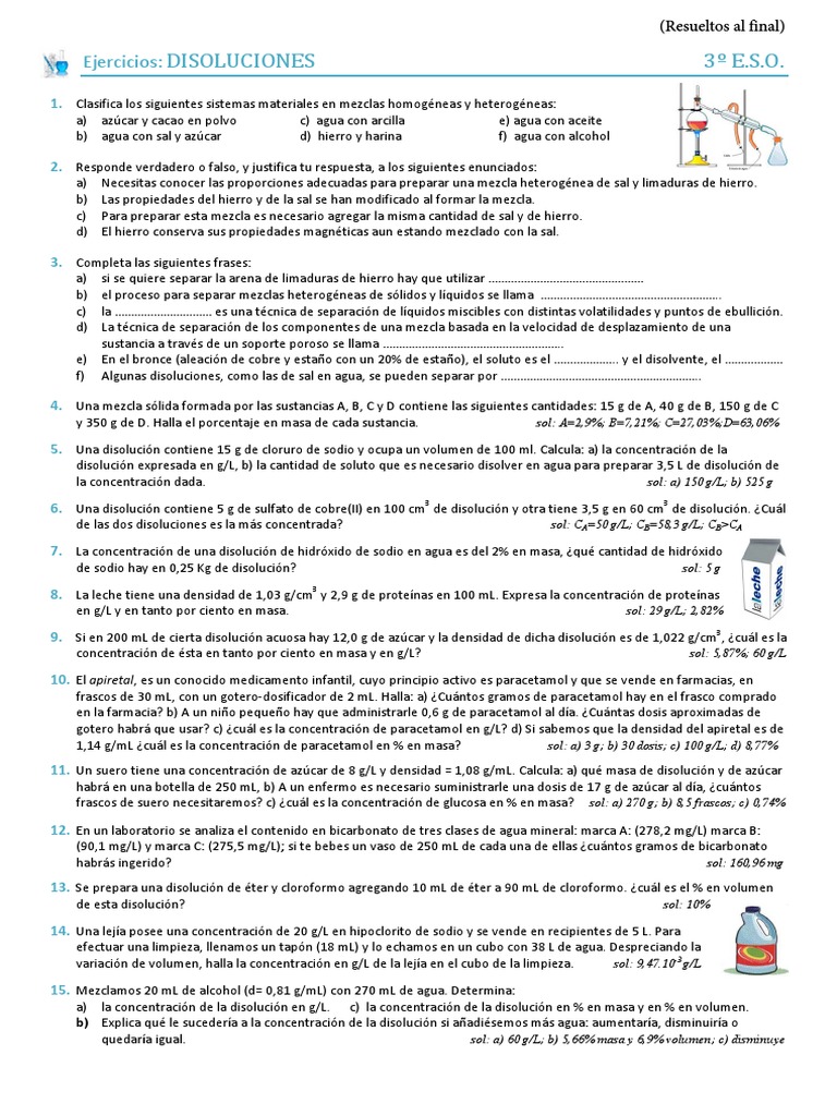 Disoluciones 3º E.S.O.: Ejercicios | PDF | Mezcla | Concentración
