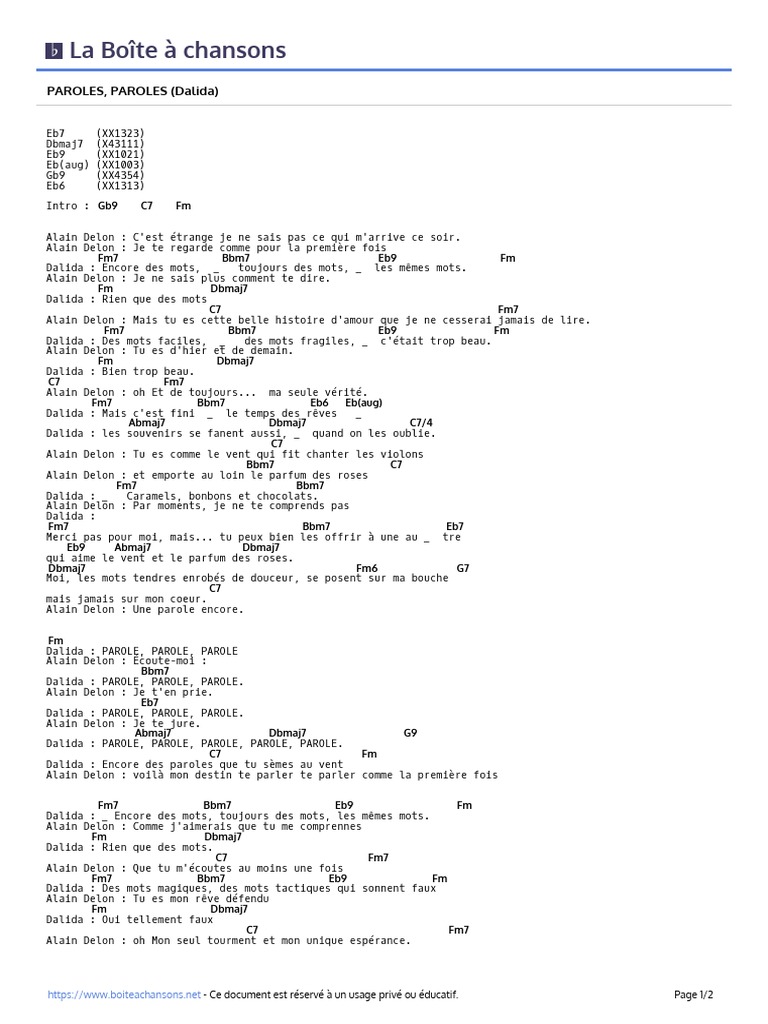Paroles, Paroles - Dalida - La BoÃ®te Ã Chansons | PDF
