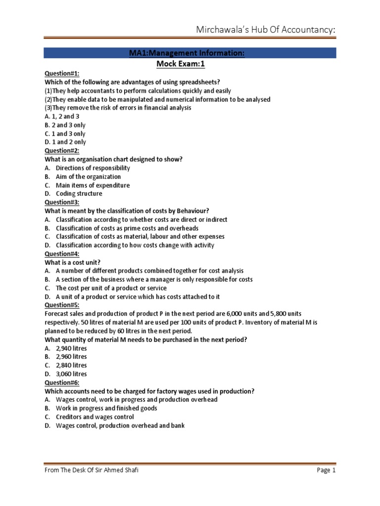 MA1 Mock Exam 1 | PDF | Cost Of Goods Sold | Inventory