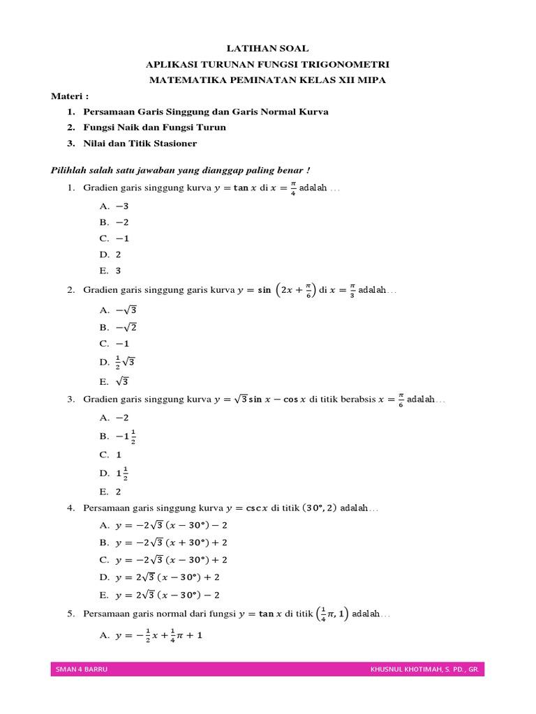 Latihan Soal KD 3.4 Persamaan Garis Singgung, Garis Normal, Dan Fungsi Naik Dan Turun | PDF