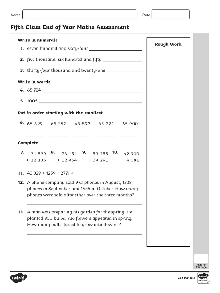 Roi2 M 305 Fifth Class End of Year Maths Assessment Sheet Ver 1 | PDF ...