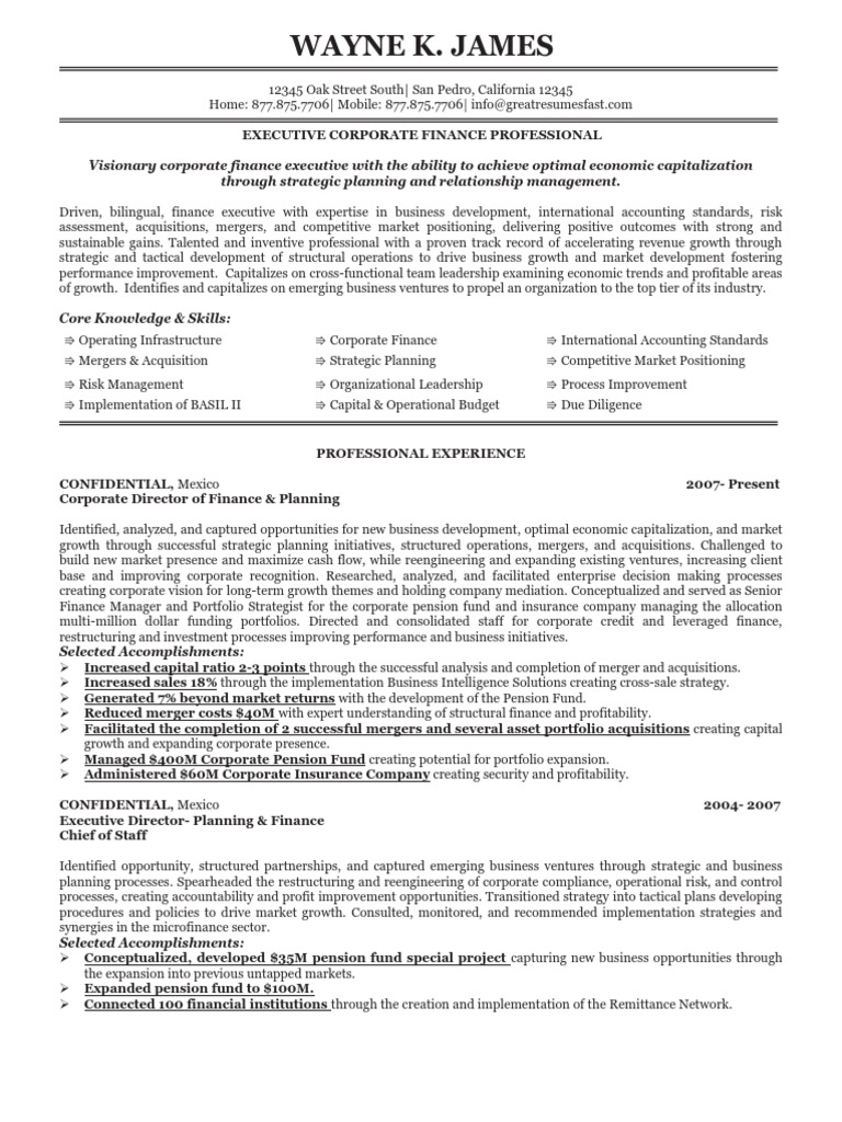 Executive Corporate Finance Resume | PDF | Mergers And Acquisitions ...