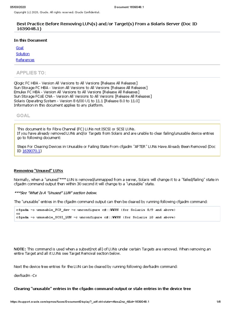 Best Practice Before Removing LUN(s) and or Target(s) From A Solaris Server | PDF | Computer ...
