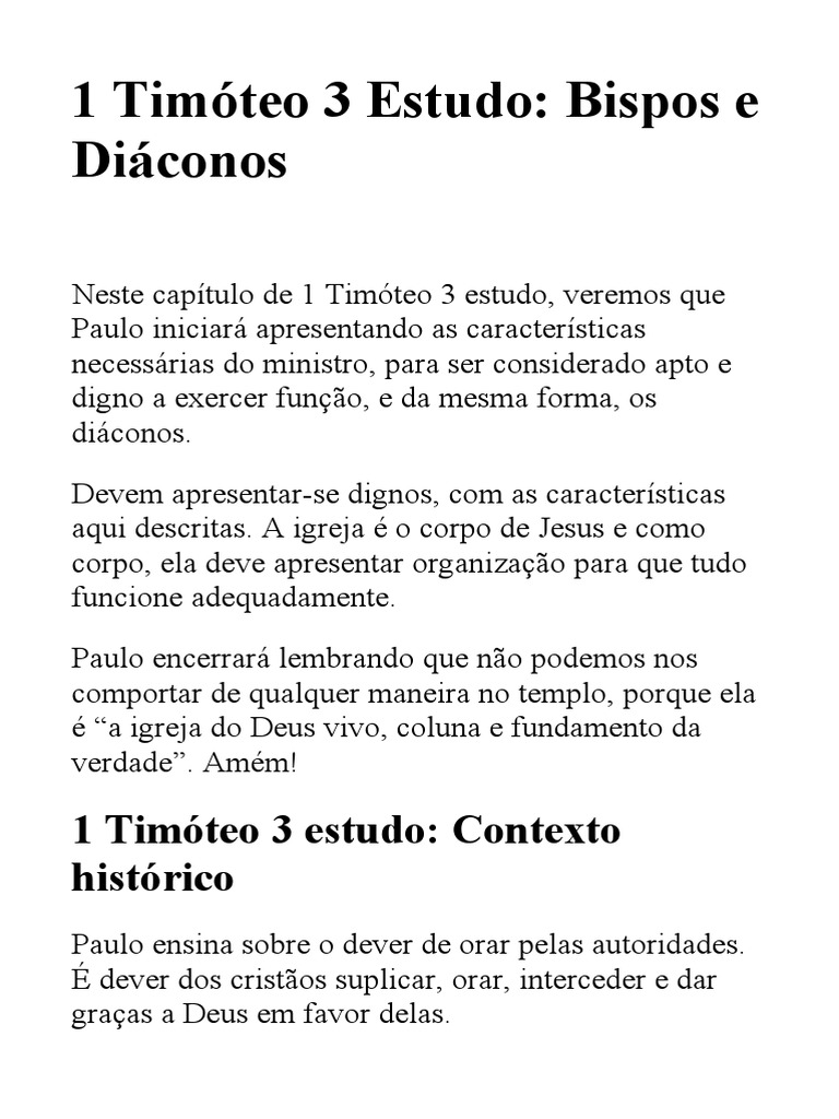 1 Timóteo 3 Estudo | PDF | Igreja cristã | Apóstolo Paulo