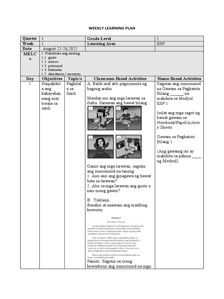Weekly Learning Plan Grade Level Week Learning Area Date Melc S | PDF