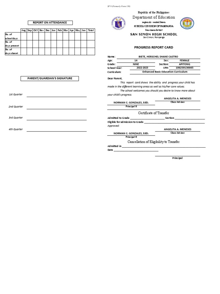 JHS Card 2022 2023 Letter | PDF | Learning | Psychology