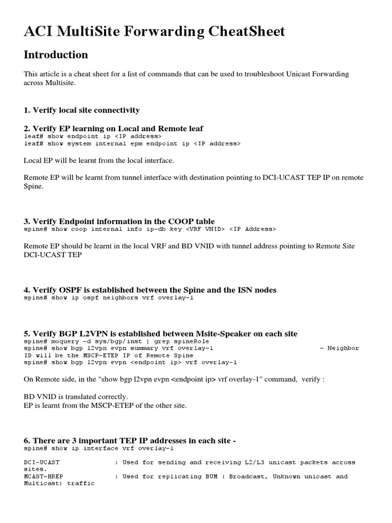 ACI MultiSite Forwarding CheatSheet | PDF | Networking Standards | Computer Standards