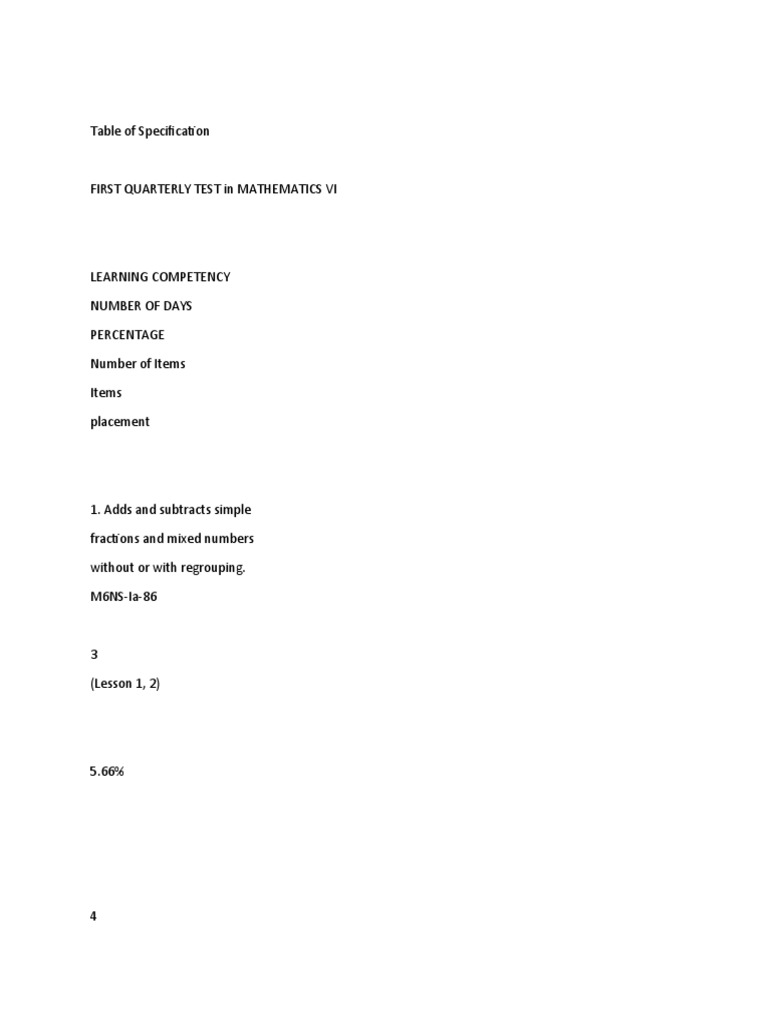 Grade 6 Math Test Specification | PDF | Multiplication | Subtraction