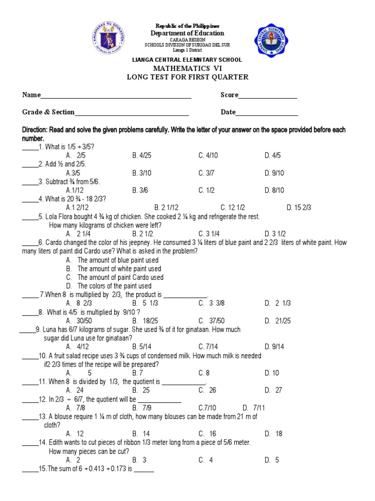MATH 6 Long Test For Quarter 1 | PDF MATH 6 Long Test For Quarter 1 | PDF