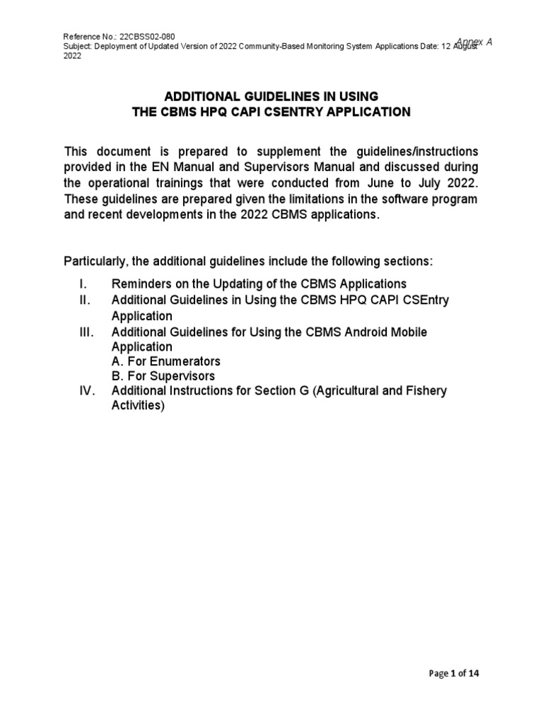 ANNEX A Addl Guidelines in Using CBMS HPQ CAPI App and CBMS Android ... ANNEX A Addl Guidelines in Using CBMS HPQ CAPI App and CBMS Android ...