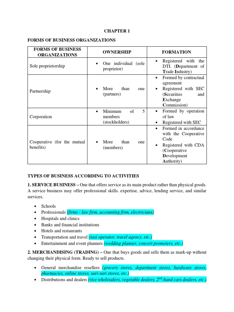 Chapter 1 - Forms of Business Organizations | PDF | Business | Cooperative