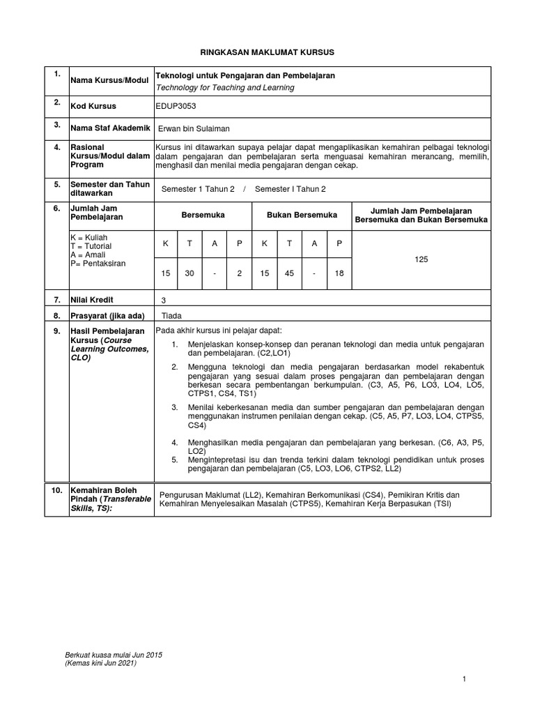 TECHNOLOGY FOR TEACHING AND LEARNING COURSE OVERVIEW | PDF