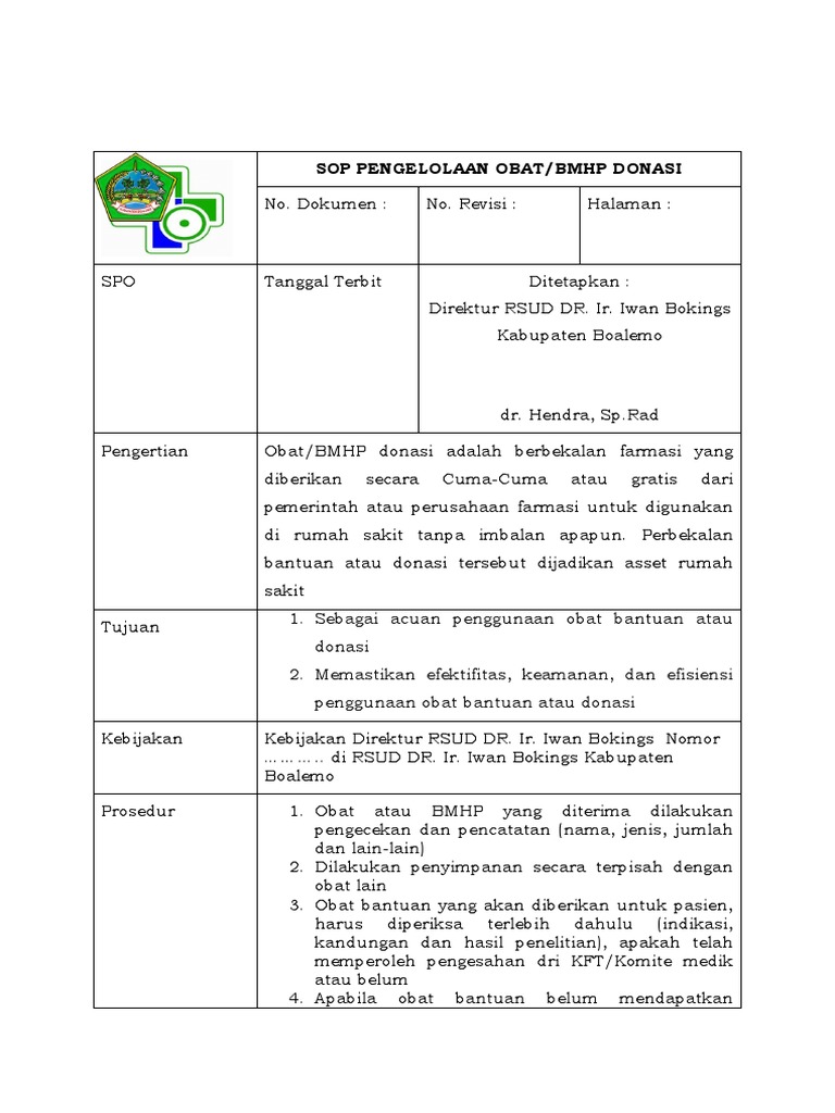 SOP Donasi Obat di RSUD Iwan Bokings | PDF