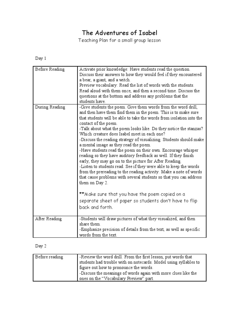 Teaching Plan for "The Adventures of Isabel" | PDF | Standardized Tests ...