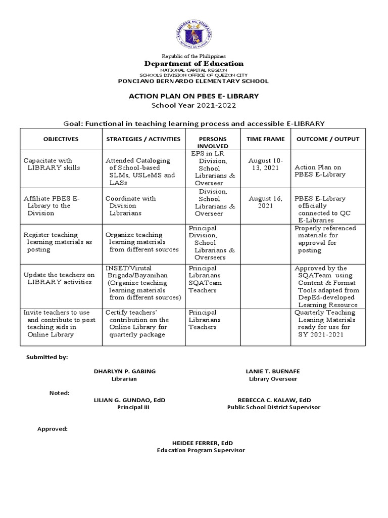 Action Plan Pbes e Library Sy 2021 2022 | PDF | Libraries | Librarian