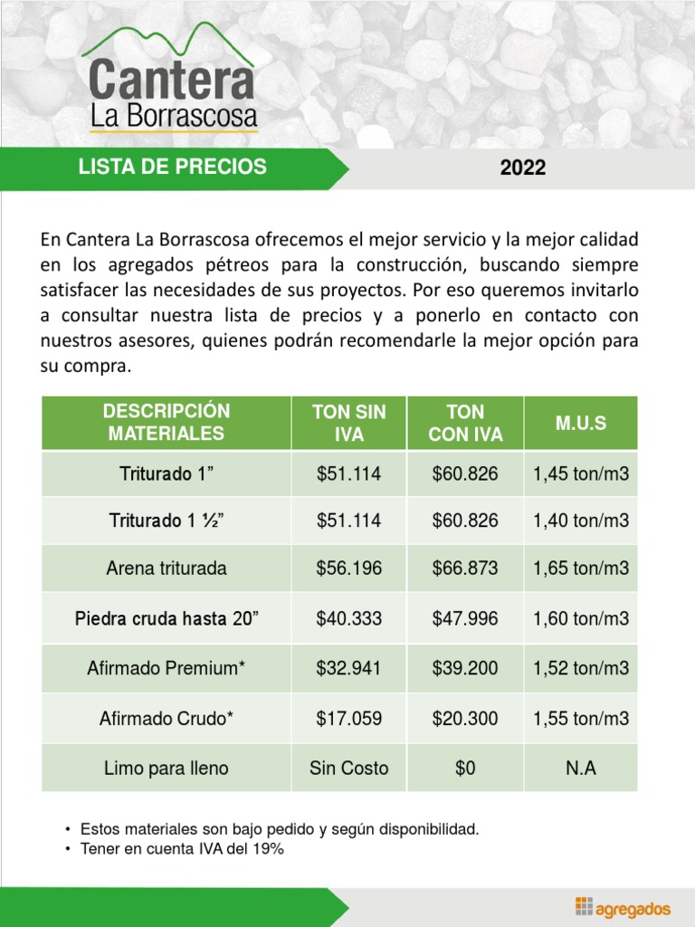 Lista Precios Cantera La Borrascosa-2022 | PDF