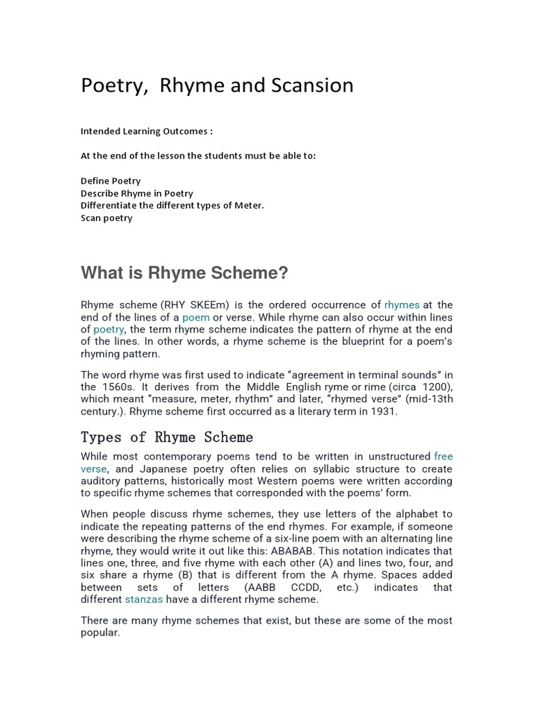 Understanding Rhyme Schemes in Poetry | PDF | Metre (Poetry) | Poetry