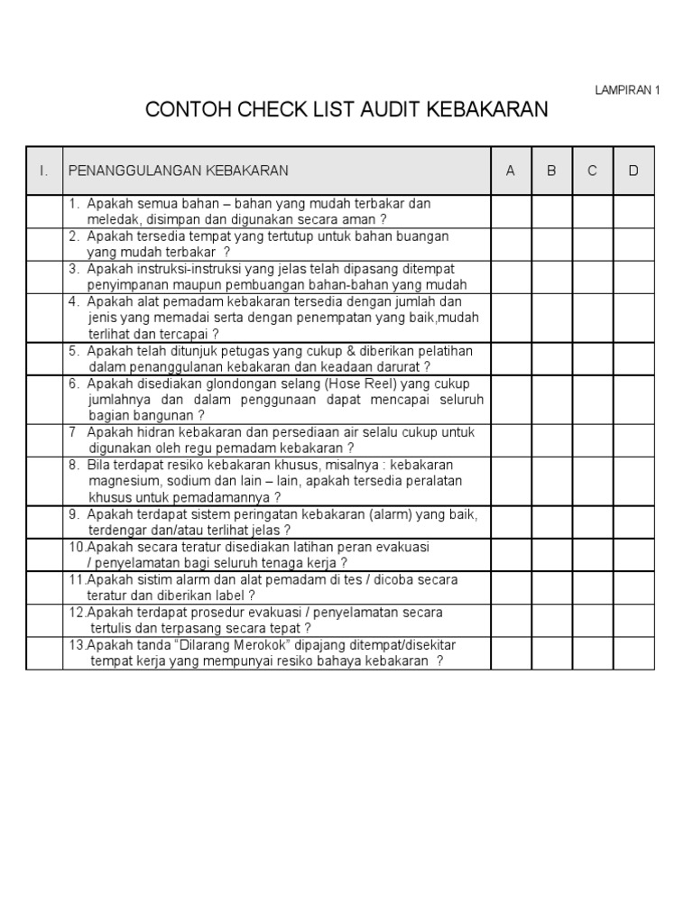 Contoh Check List Audit Kebakaran: Lampiran 1 | PDF