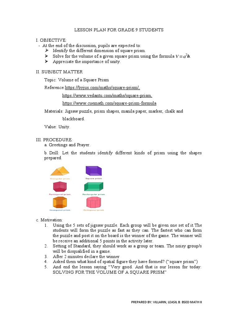 Lesson Plan For Grade 7 Students | PDF | Volume