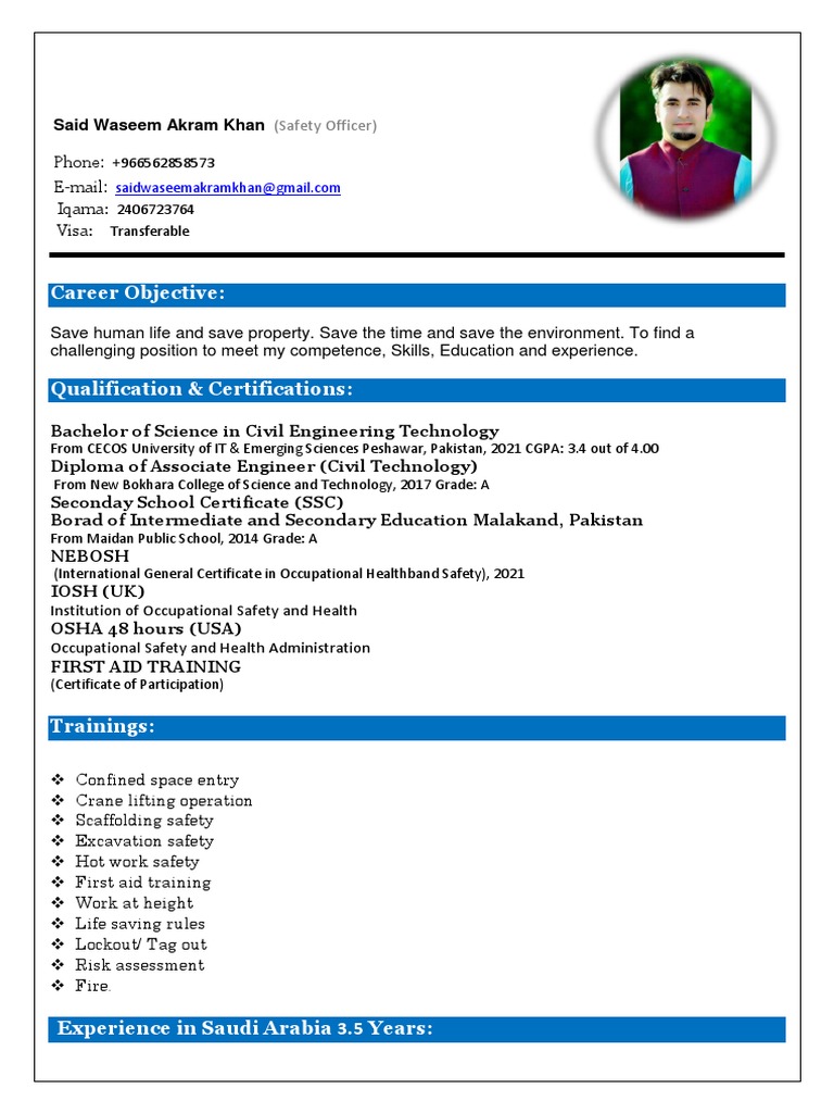 Waseem Khan CV Safety Certificate | PDF