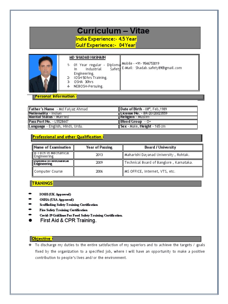 Er Shadab Safety CV 3 | PDF | Personal Protective Equipment | Occupational Safety And Health