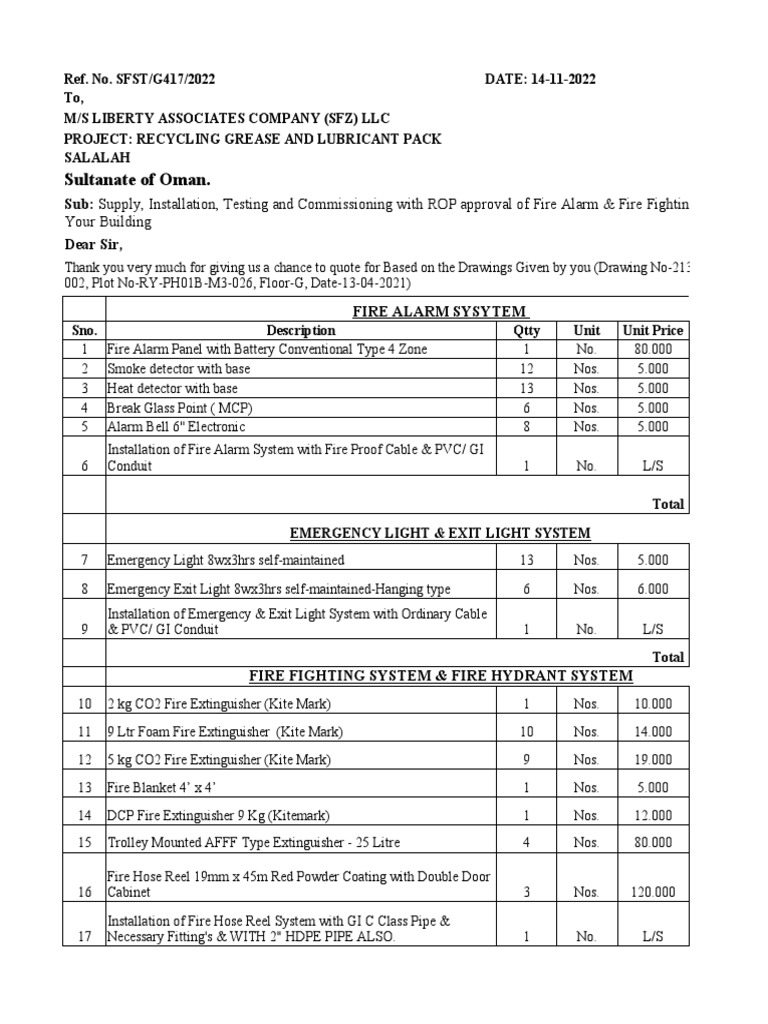 Fire Alarm & Fighting System Proposal | PDF