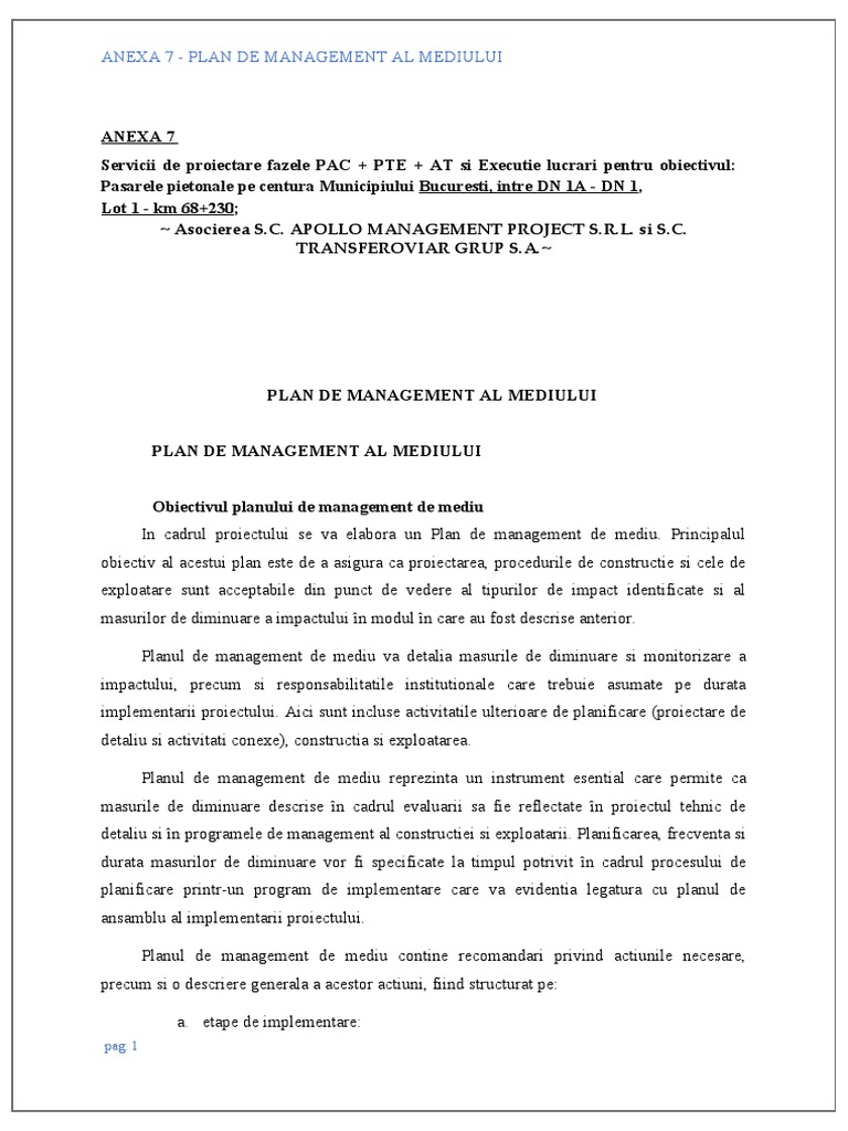 Anexa 7-Plan de Management de Mediu | PDF