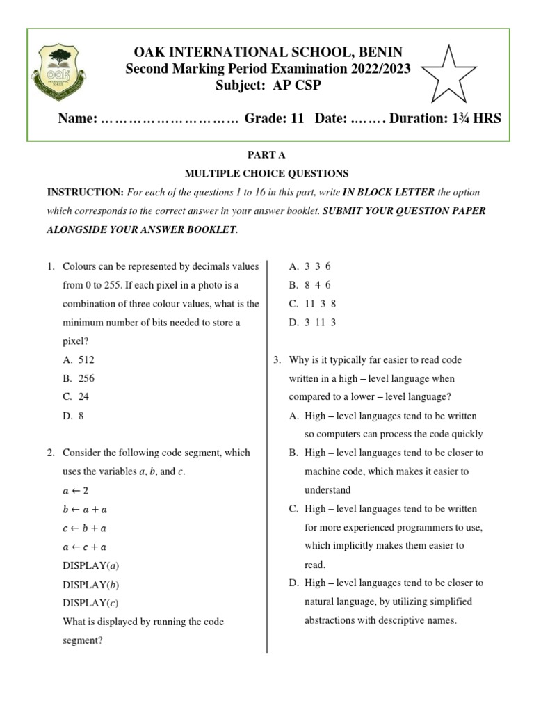 MR Logbo - Grade 11 AP CSP 2nd MP Exam 22 - 23 | PDF | Computer Program | Programming