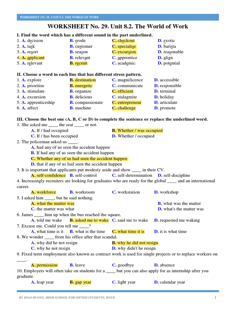41. Nguyễn Tuấn Sơn - Worksheet-No.-29.-Unit-8.2.-The-World-of-Work | PDF
