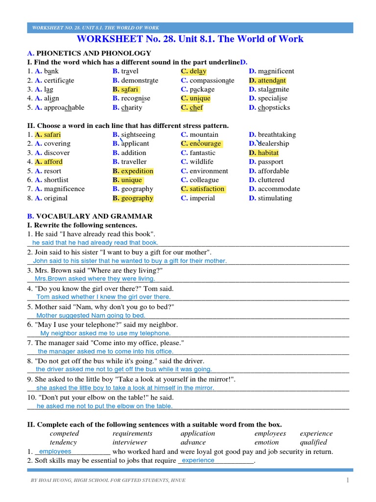 Understanding The World of Work: A Worksheet on Phonology, Vocabulary, Grammar and Job-Related ...