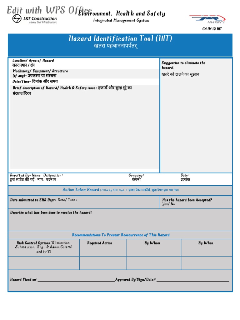 Hazard Identification Tool (HIT) : Environment, Health and Safety | PDF
