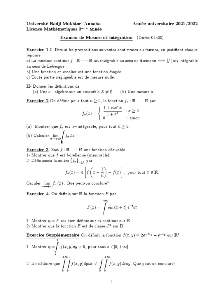 Examen | PDF | Intégrale de Lebesgue | Relations mathématiques