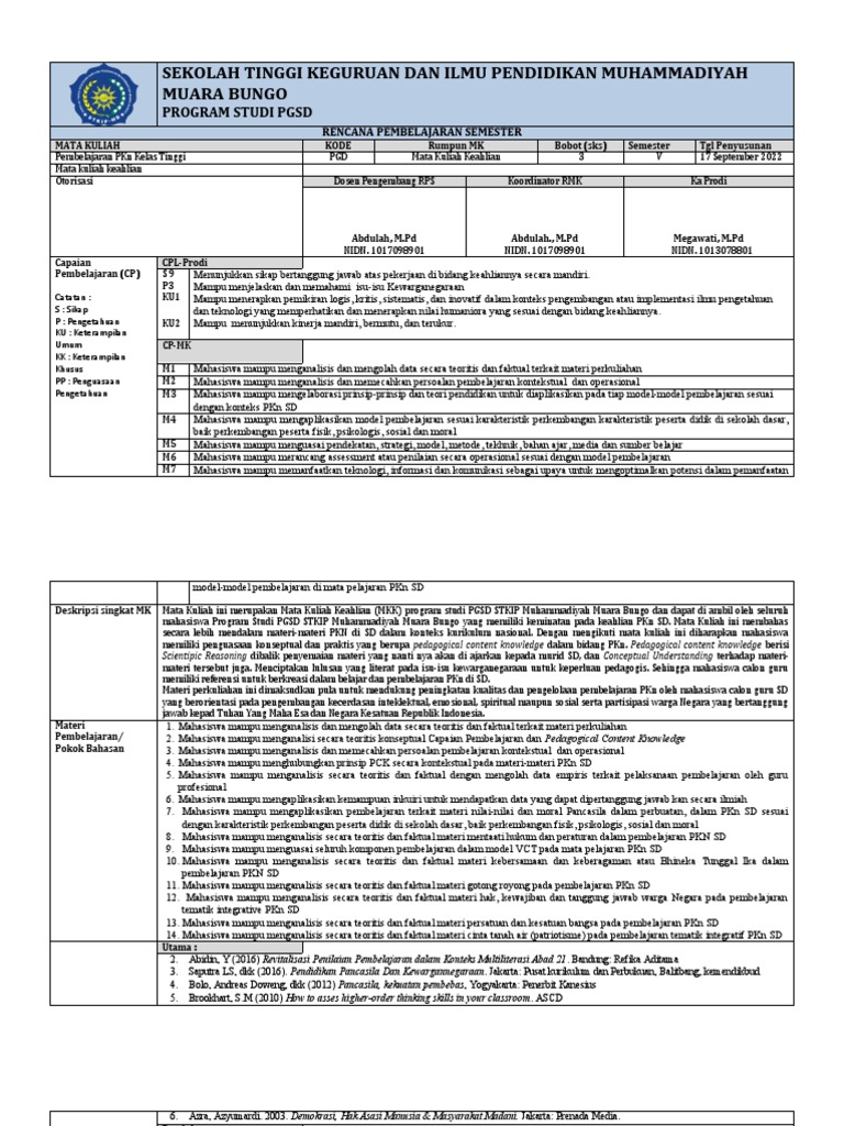 RPS Pembelajaran PKN Kelas Tinggi | PDF