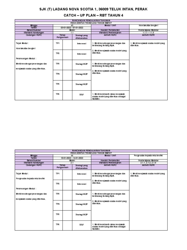 Catch Up Plan RBT Tahun 4 | PDF