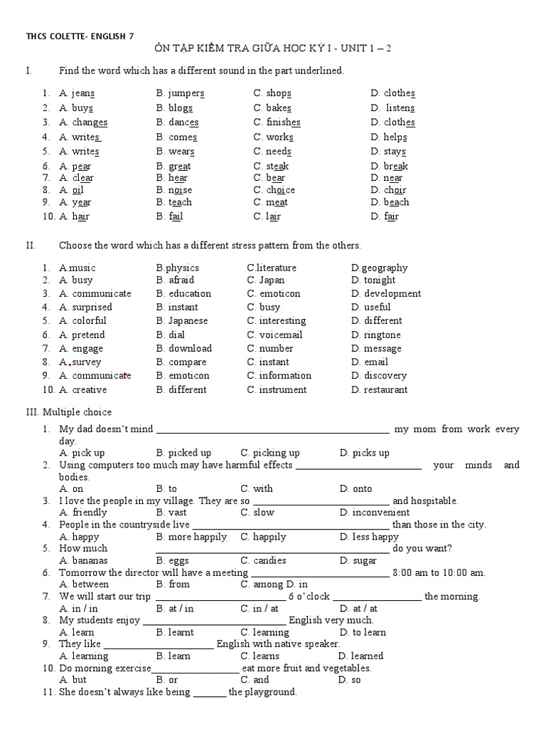 Chinh Thuc DE CUONG KHOI 7 MID TERM HKI 2022-2023 THCS COLETTE | PDF