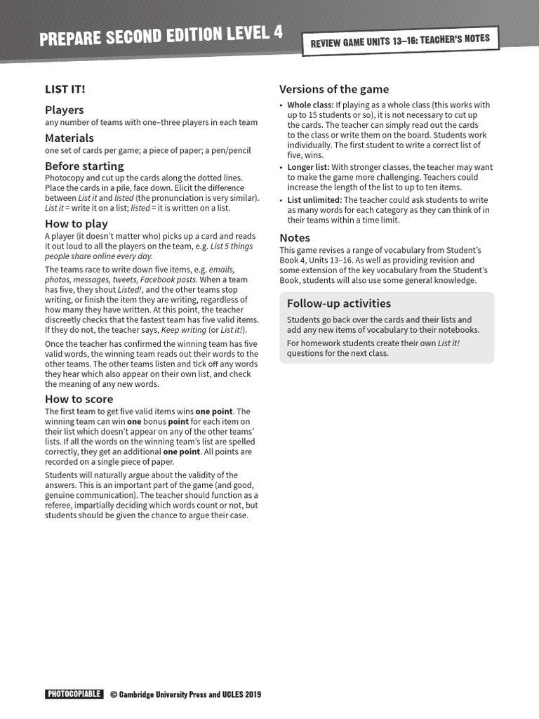 PREPARE 4 Review Game Units 13-16 | PDF | Vocabulary | Human Communication