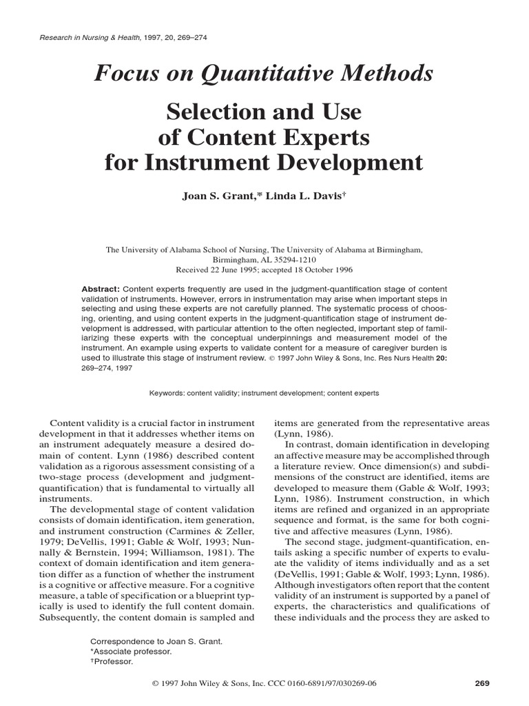 Grant Et Al-1997 - Selection and Use Os Content Expexts For Instrument Development | PDF ...