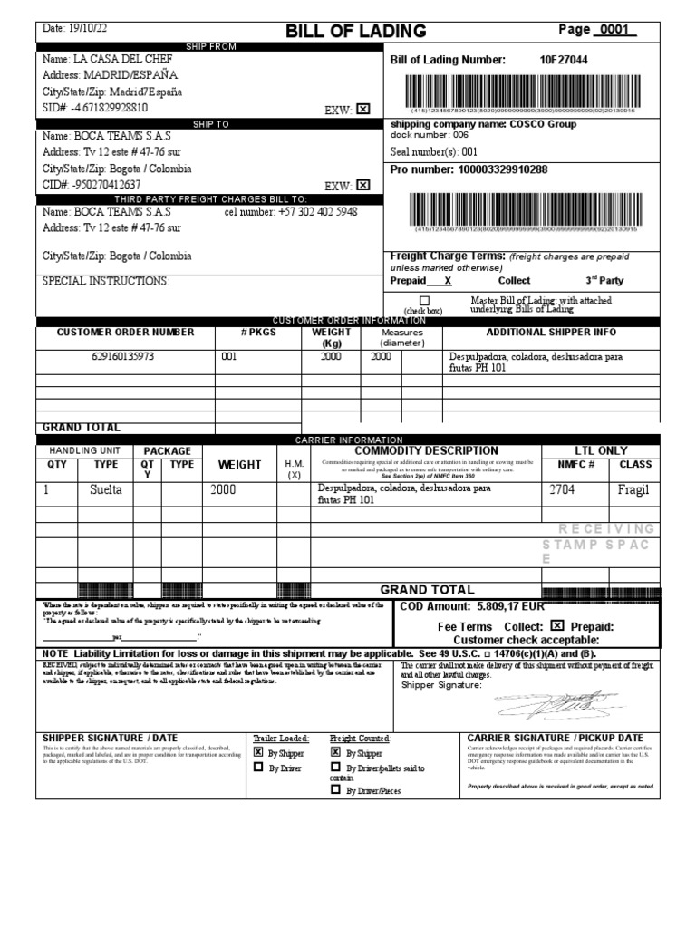 Documento de Transporte BL CORREGIDO | PDF