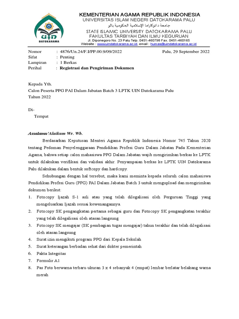 Surat Permintaan Lapor Diri Mahasiswa PPG PAI Gel. 3 LPTK UIN Datokarama Palu | PDF