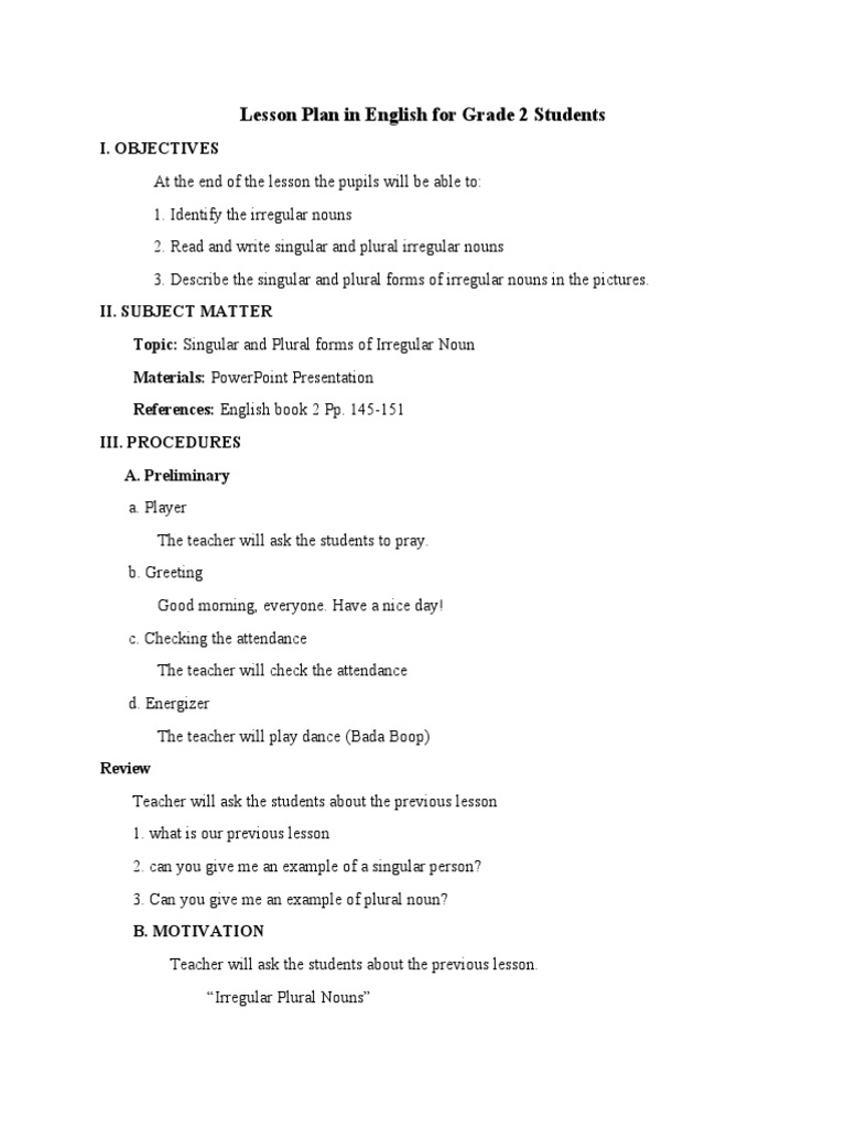 Lesson Plan in English For Grade 2 Students | PDF | Plural | Noun