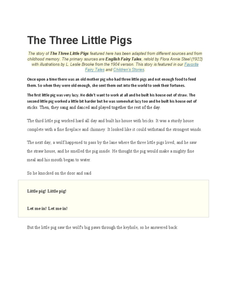 Setting and Themes in Three Little Pigs | PDF