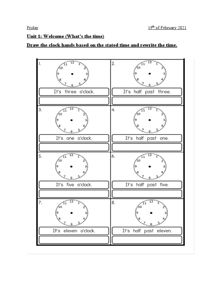 Unit 1: Welcome (What's The Time) Draw The Clock Hands Based On The ...