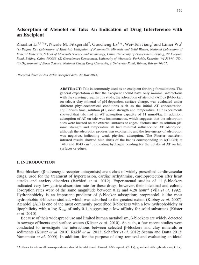 Adsorption of Atenolol On Talc: An Indication of Drug Interference With ...
